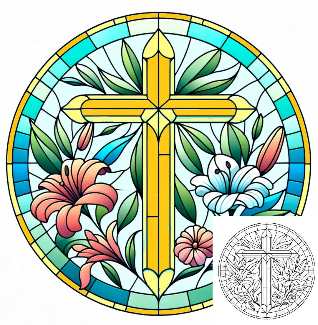 Golden Cross Stained Glass Pattern Print, Download Digital Art, 2 Files ...