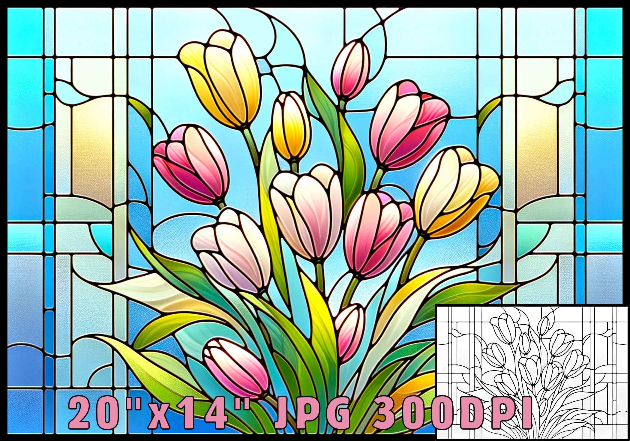 Tulip Floral Stained Glass Pattern Print, Download Digital Art, 2 Files ...