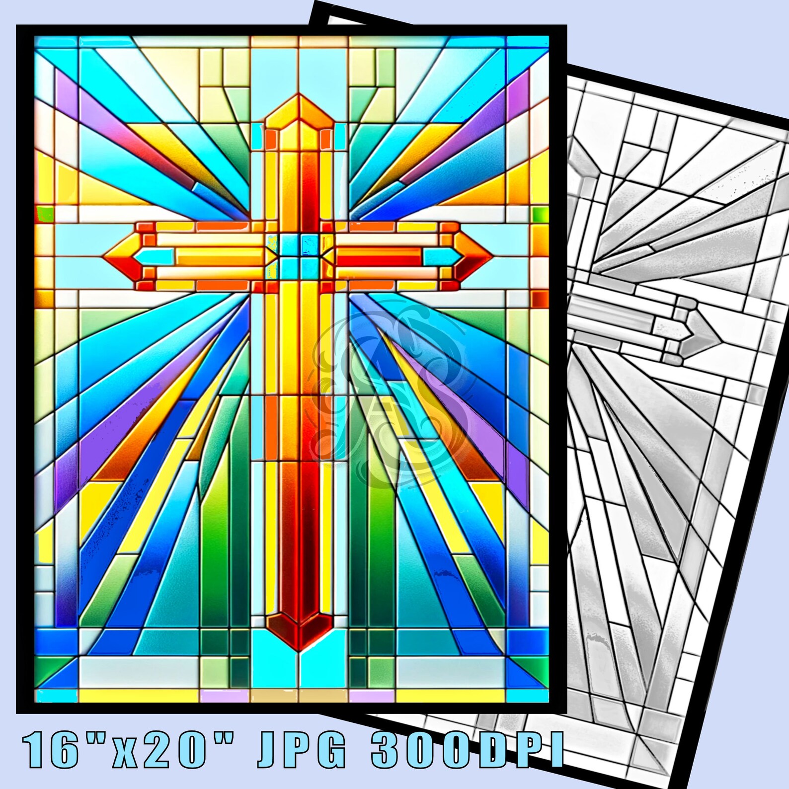 Cross Window Stained Glass Style Print, Download Digital Art, 2 Files ...
