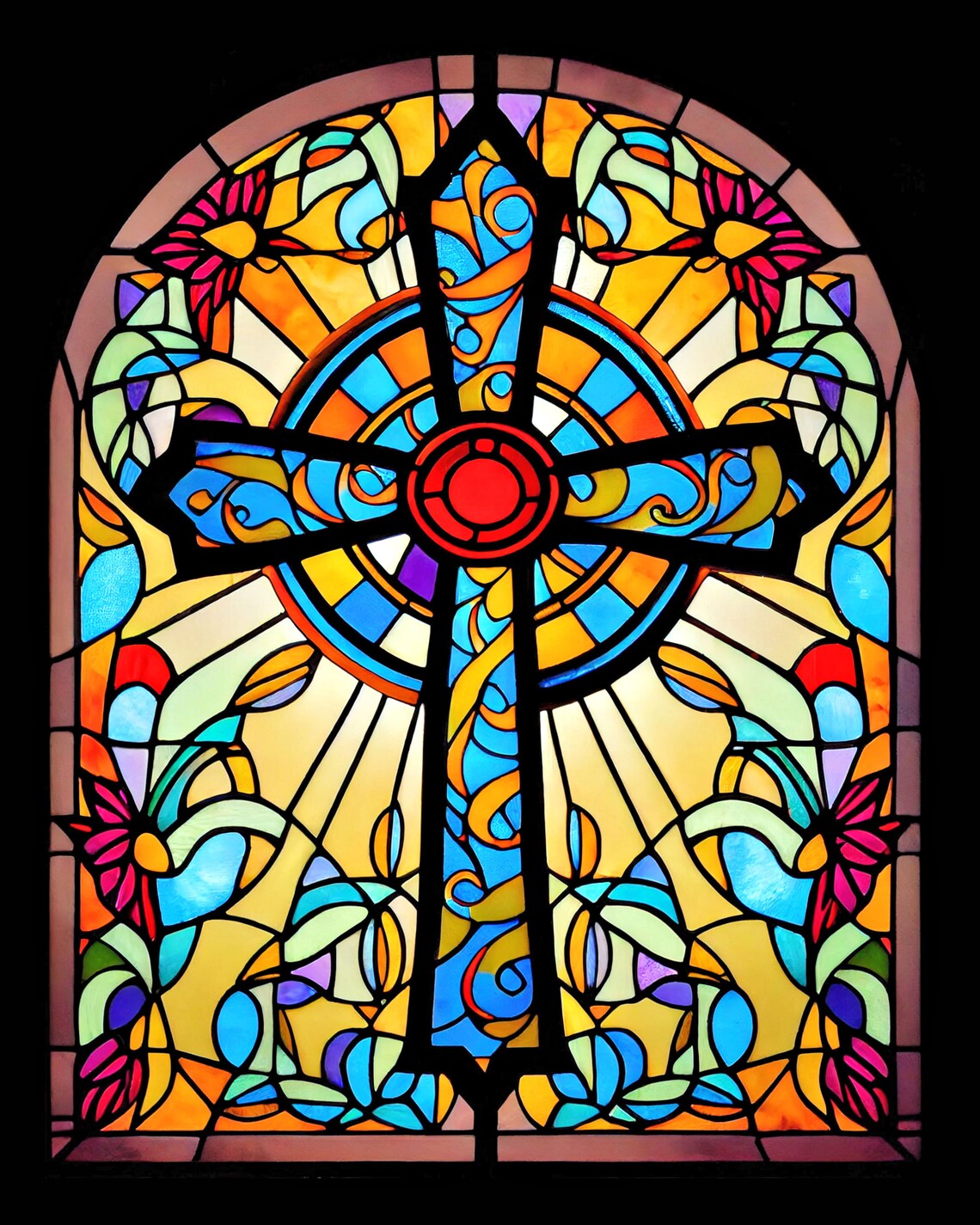 Cross Window Stained Glass Pattern Print, Download Digital Art, 2 Files ...
