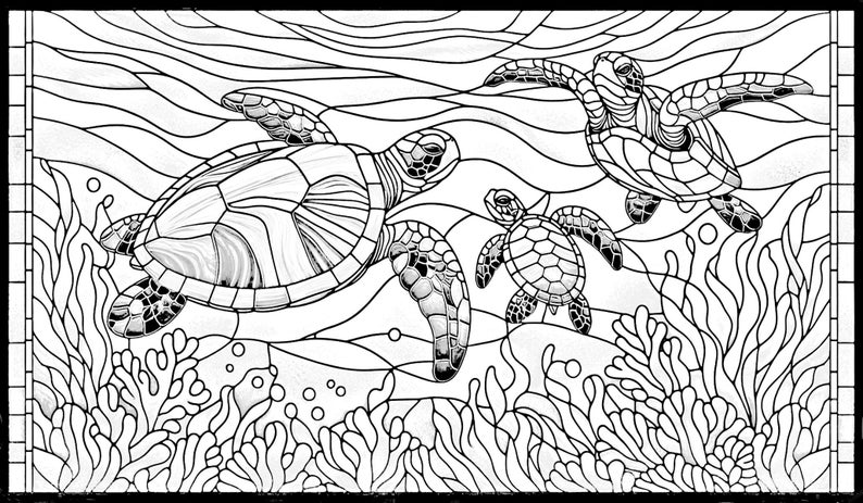 Turtle Family Stained Glass Pattern Print, Download Digital Art ...