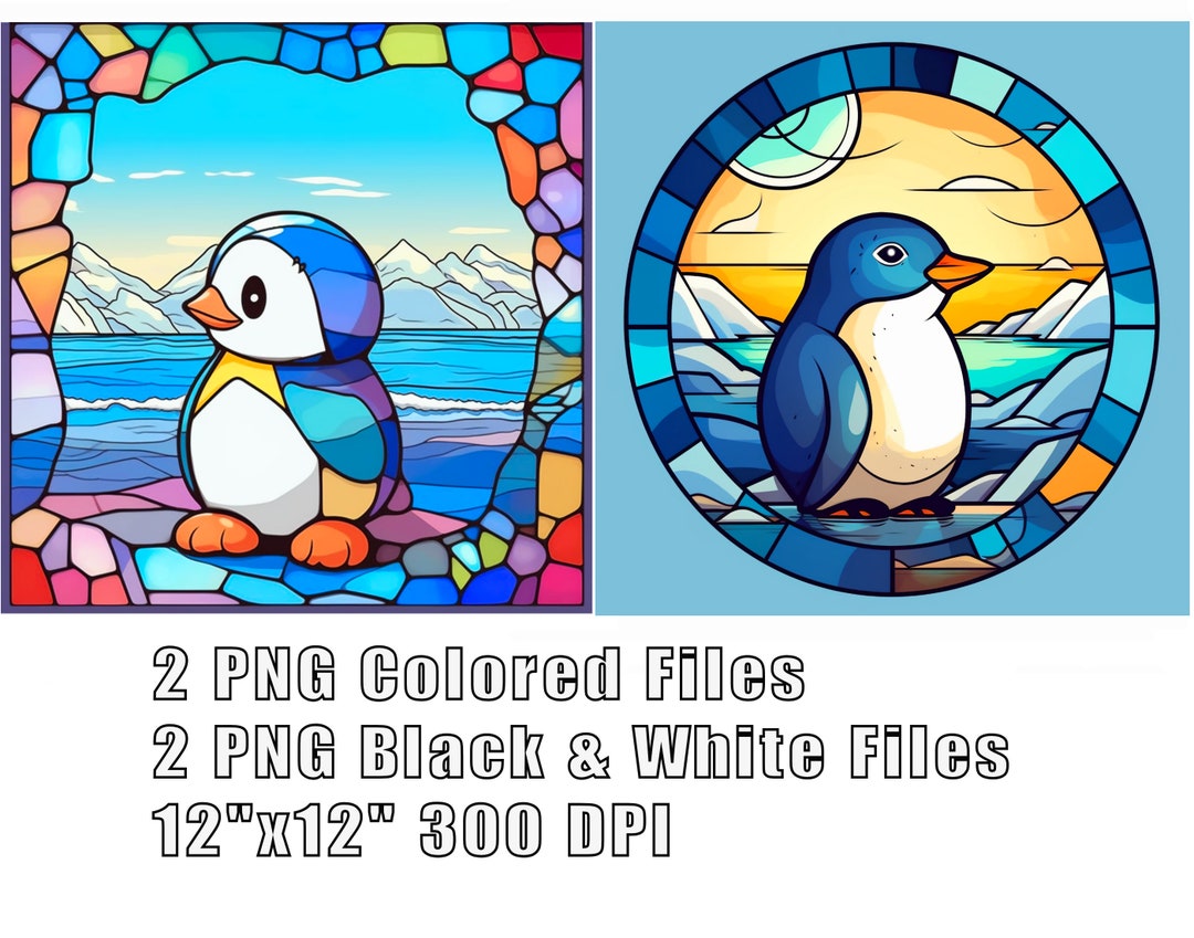 Baby Penguin Stained Glass Style Print, 4 PNG Stain Glass Digital ...