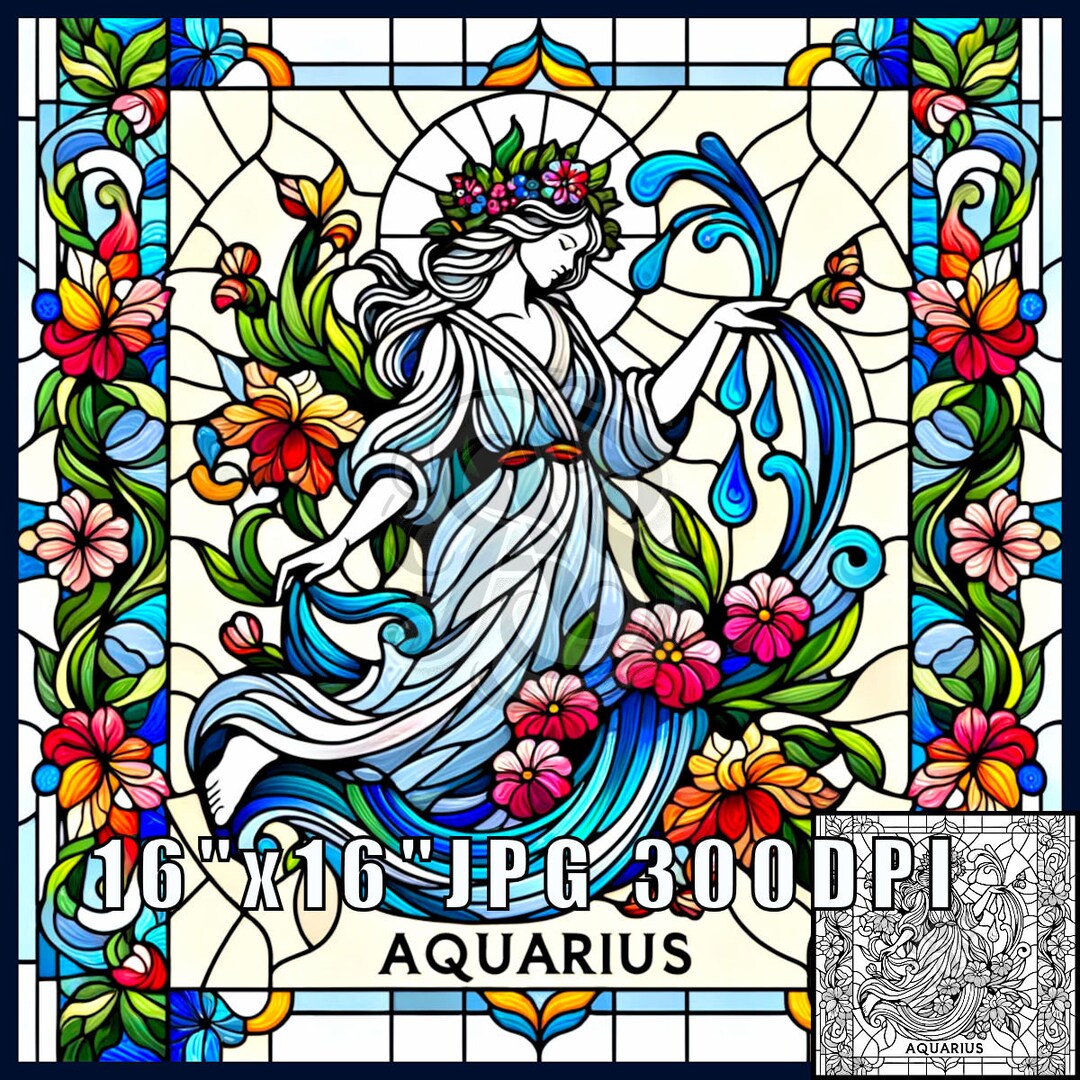 Zodiac Sign Aquarius Stained Glass Pattern Prints Personalized Digital ...