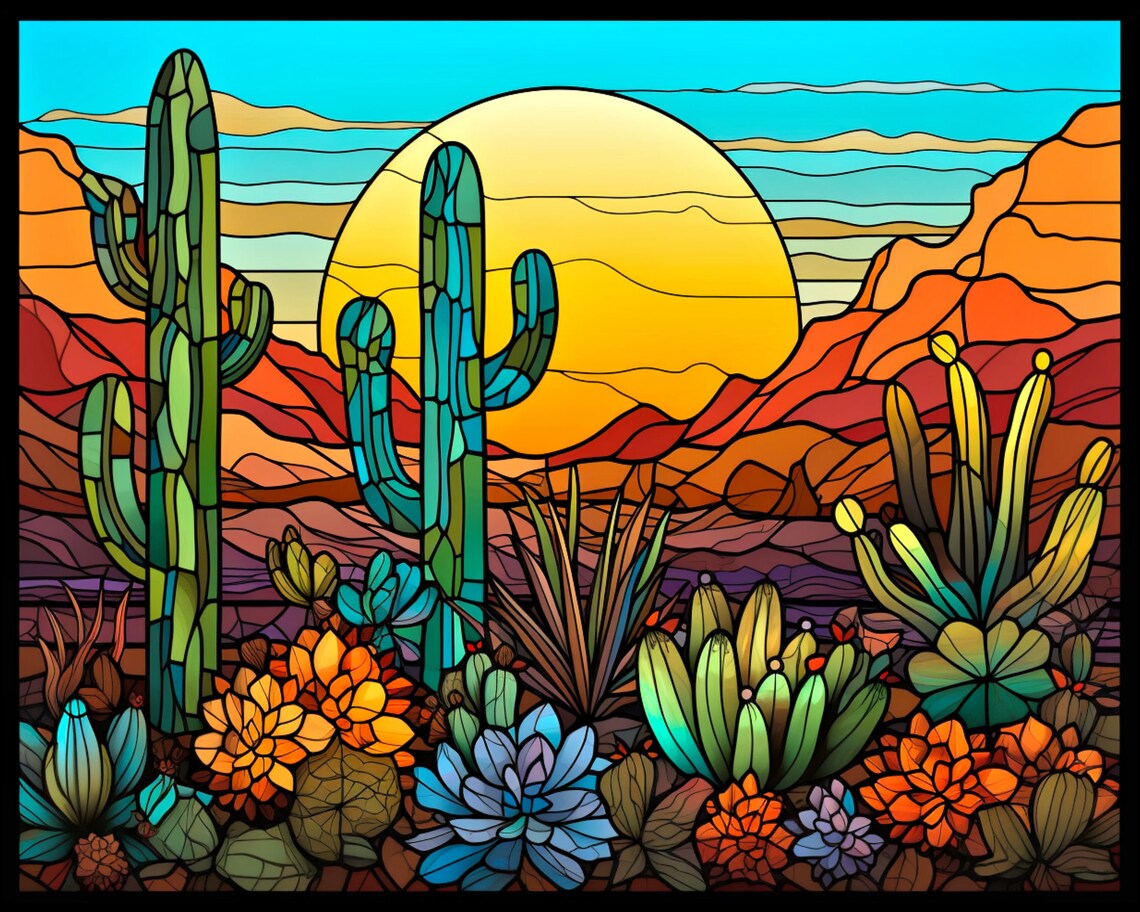 Sunrise Over Desert Stained Glass Pattern Print Download Digital Art ...