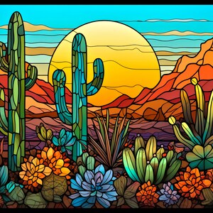Sunrise Over Desert Stained Glass Pattern Print Download Digital Art ...