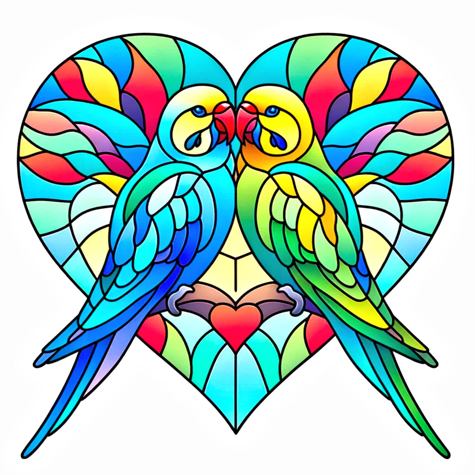 Two Parakeets Heart Stained Glass Pattern Print, Download Digital JPG ...