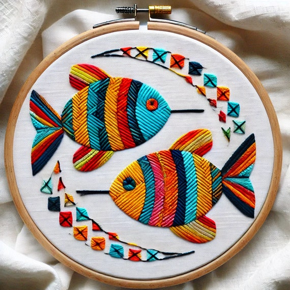 Buy Cute Fish Embroidery Pattern Print DIY Hand Embroidery JPG Digital Download Adjustable 16x16 Colorful Fish Wall Art Print Animal Wall Art Online in India Etsy