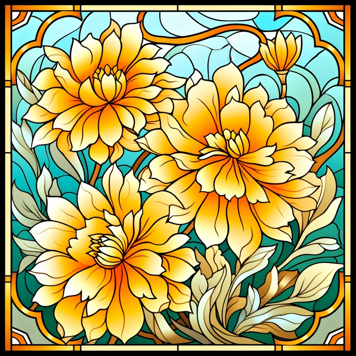 Marigold Flower Stained Glass Pattern Print Download Digital Art ...