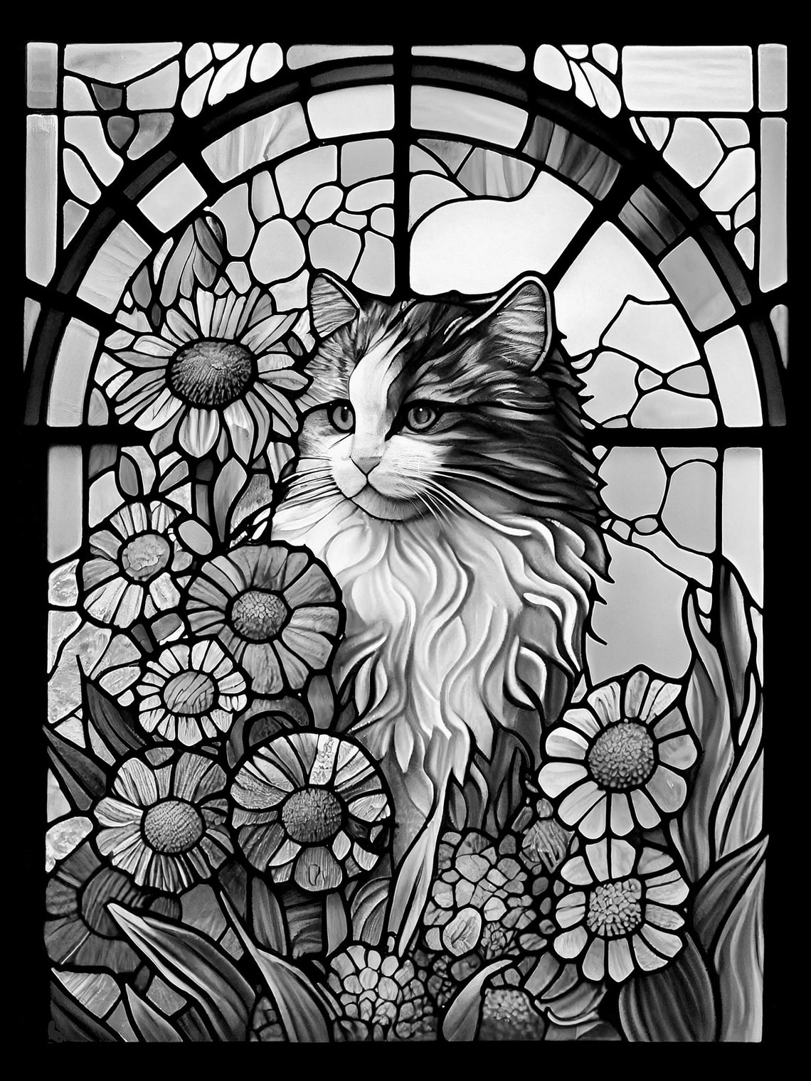 Cat Floral Window Stained Glass Pattern Print, Download Digital Art ...