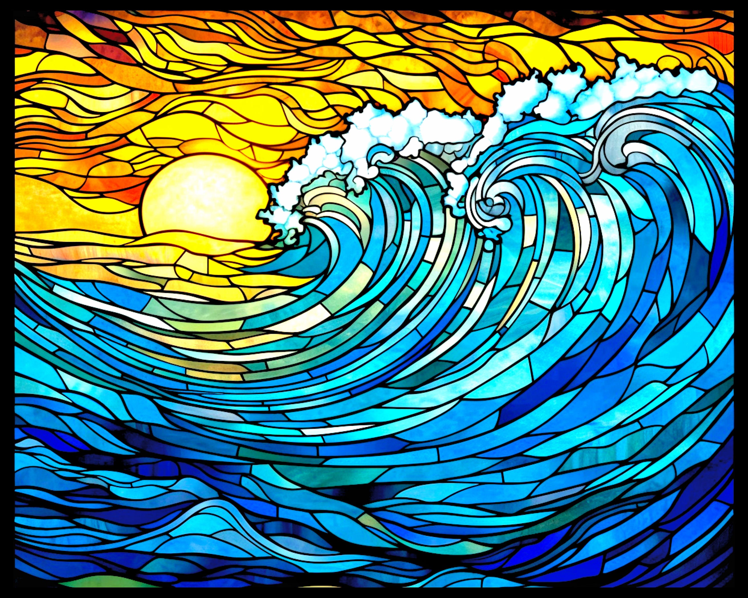 Sunrise Over High Ocean Waves Stained Glass Style Print, Download Ocean ...