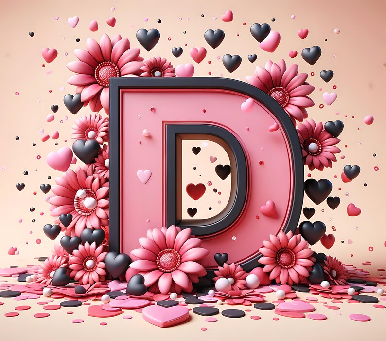 3D Heart English Letter D With Flowers, Valentine's Design Download ...