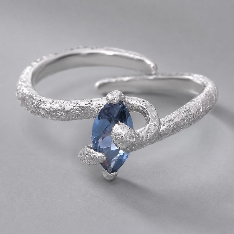 Textured Sterling Silver Snake Ring, Blue Zircon, Open Adjustable Band ...