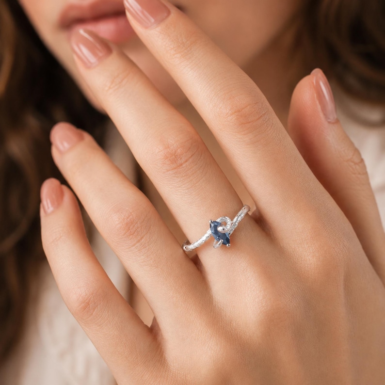 Textured Sterling Silver Snake Ring, Blue Zircon, Open Adjustable Band ...