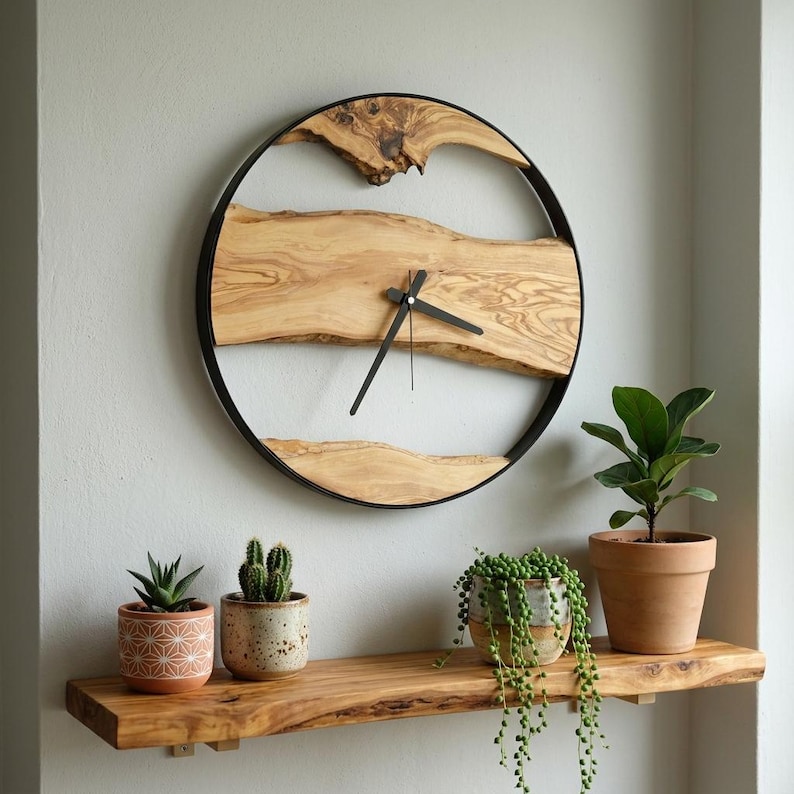 Oversized Olive Wood Wall Clock With Metal Frame, Live Edge Decor ...