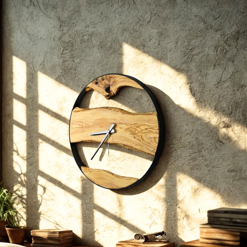 Oversized Olive Wood Wall Clock With Metal Frame, Live Edge Decor ...