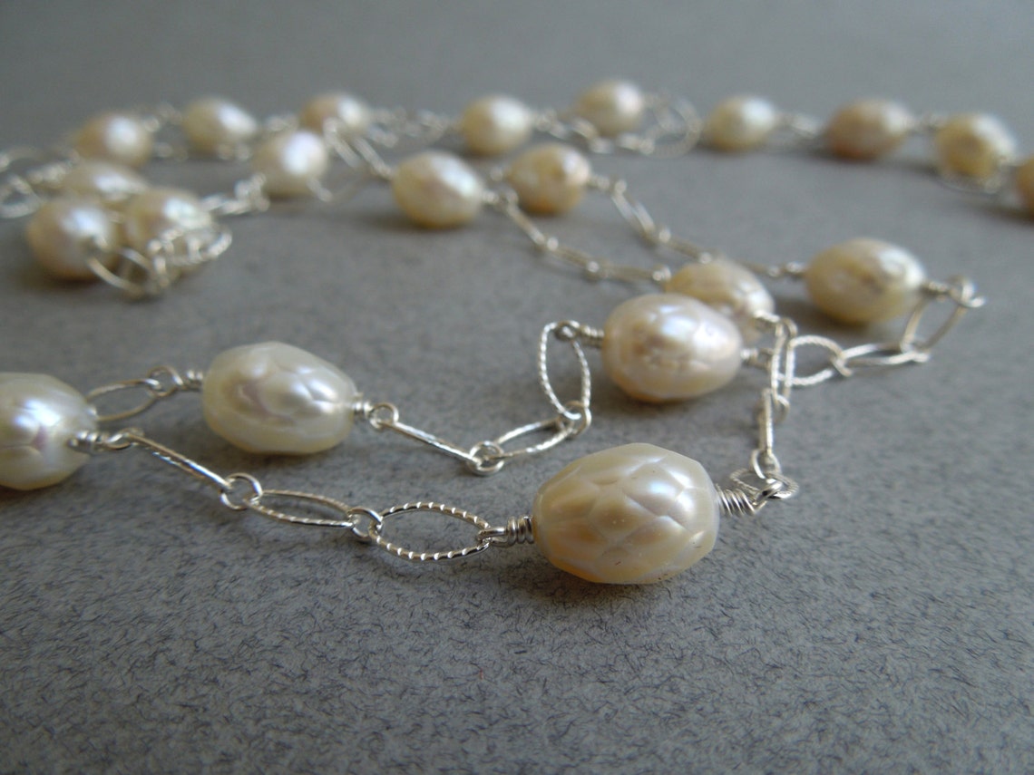 Long Pearl Necklace: Yard of Faceted Pearls Sterling Silver Chain - Etsy