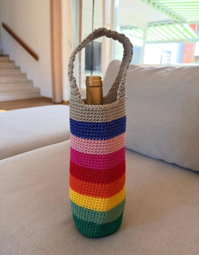 Handmade Rainbow Crochet Wine Bottle Holder, Reusable Carrier Bag - Etsy