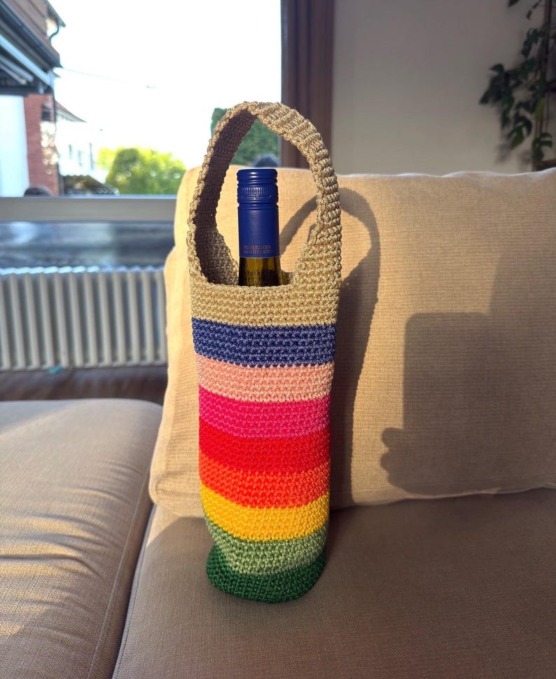 Handmade Rainbow Crochet Wine Bottle Holder, Reusable Carrier Bag - Etsy