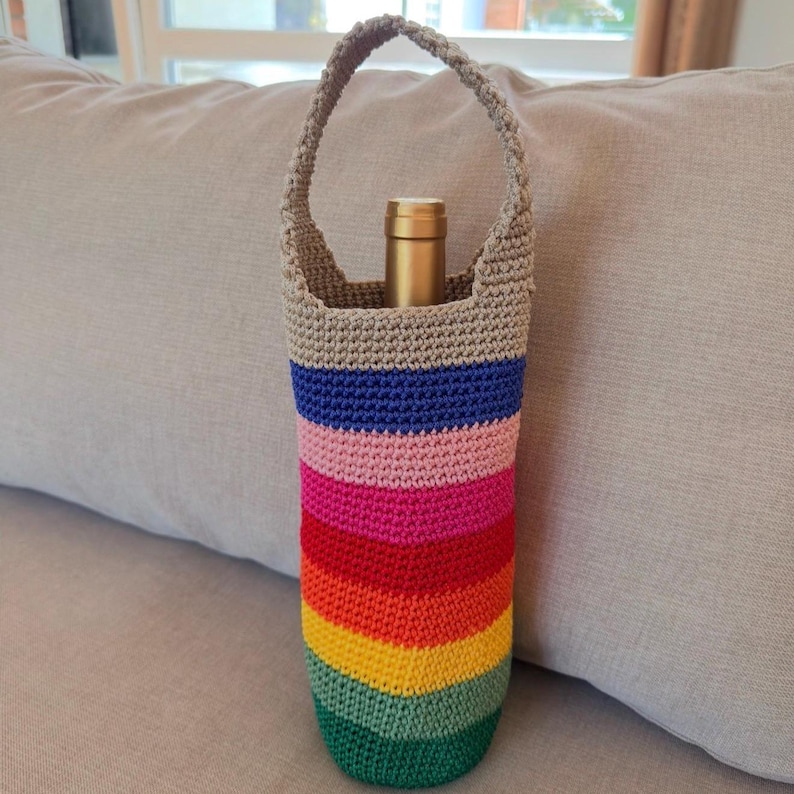Handmade Rainbow Crochet Wine Bottle Holder, Reusable Carrier Bag - Etsy