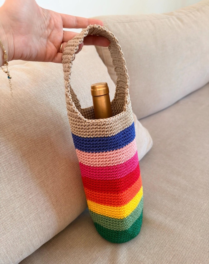 Handmade Rainbow Crochet Wine Bottle Holder, Reusable Carrier Bag - Etsy