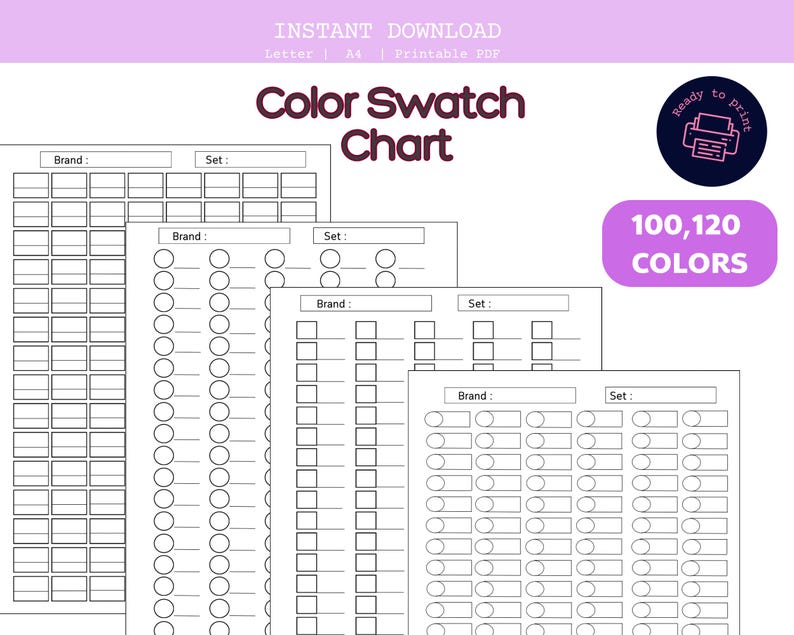 Printable Color Swatch Chart Bundle | Letter and A4 PDF Template100 ...