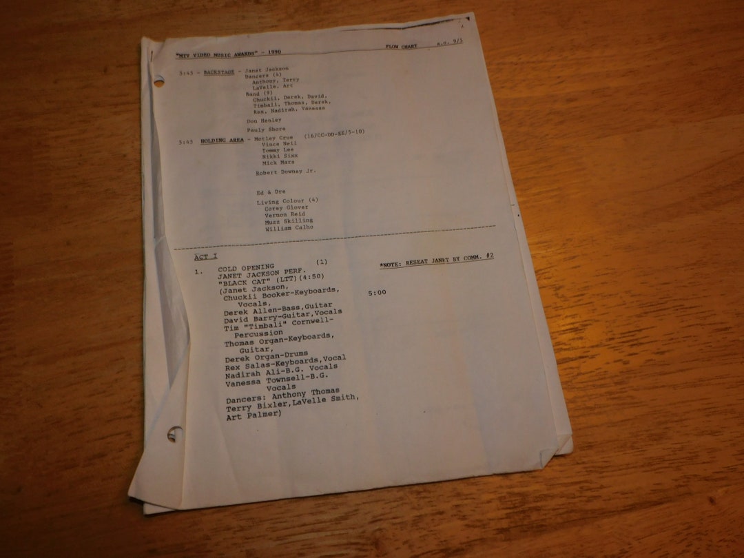 1990 MTV Awards Production Flow Chart Script: Vintage Staff Memorabilia ...