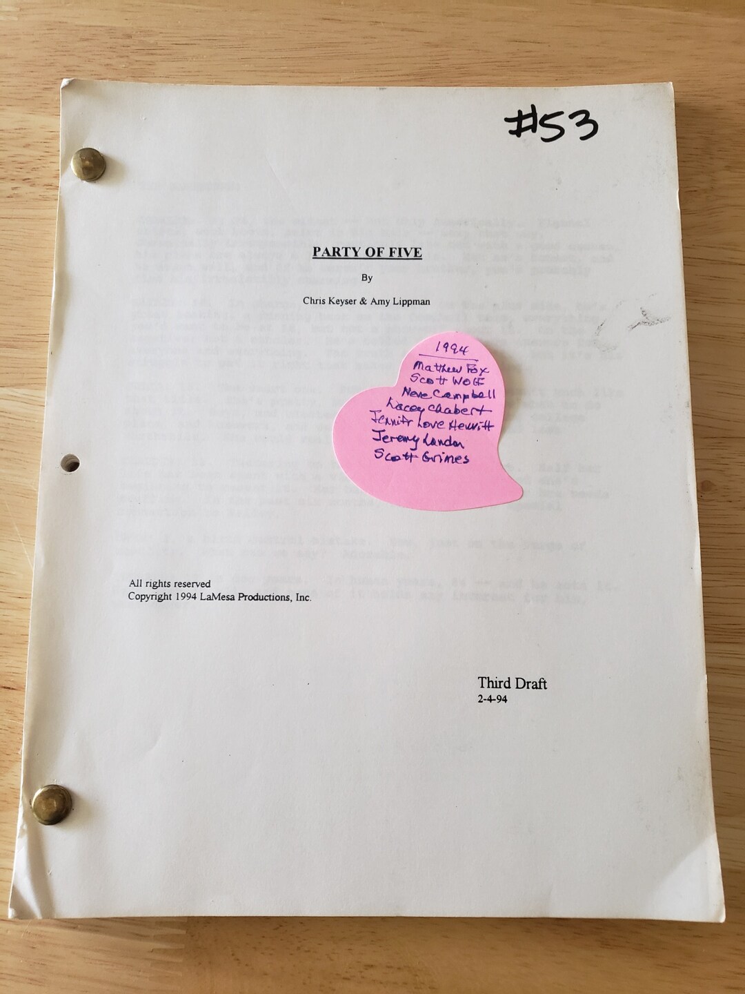 1994 Party of Five Production Used Script - Rare - Jennifer Love Hewitt ...