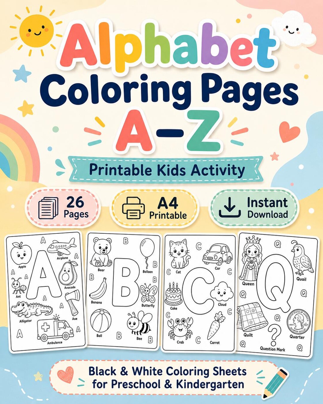 Alphabet Coloring Pages A-Z, Printable Kids Activity Book (digital ...