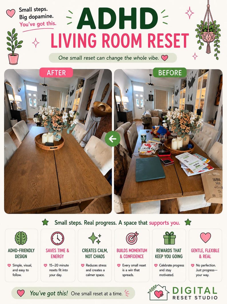 ADHD Living Room Reset Card, Printable, Cleaning Checklist ...