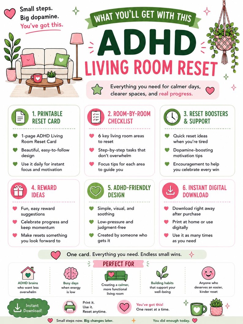 ADHD Living Room Reset Card, Printable, Cleaning Checklist ...