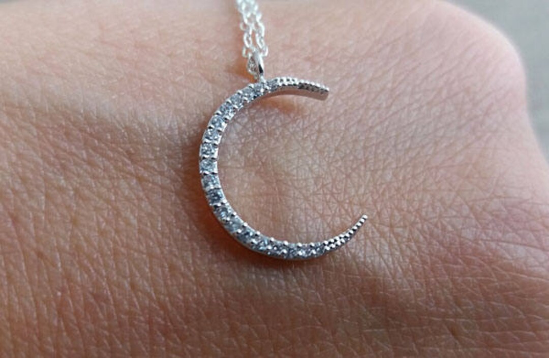 Silver Crescent Necklace. Zirconia Crescent. Pave Crescent. - Etsy