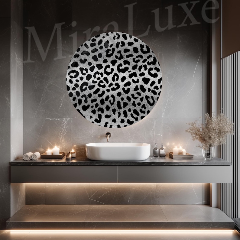 Leopard Print Round Glass Wall Art, Black White Animal Decor, Safari ...