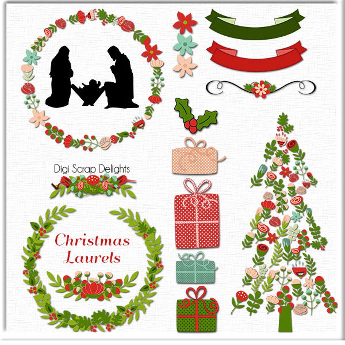 Christmas Clip Art Laurel Wreaths Nativity Banner Ribbons - Etsy