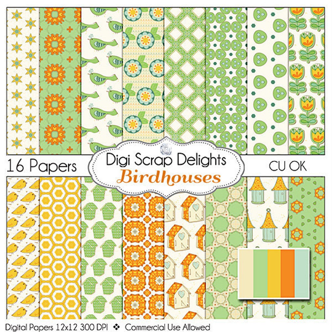SALE 1.75 Bird Houses Digital Scrapbooking Scrapbook Paper in Orange ...