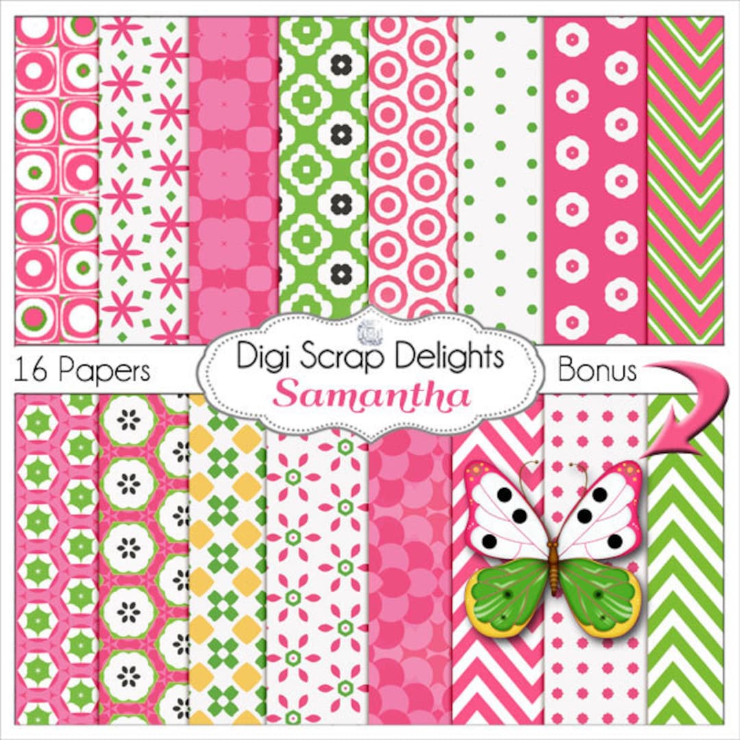 Pink & Green Digital Paper: Scrapbook Backgrounds + Butterfly (digital ...