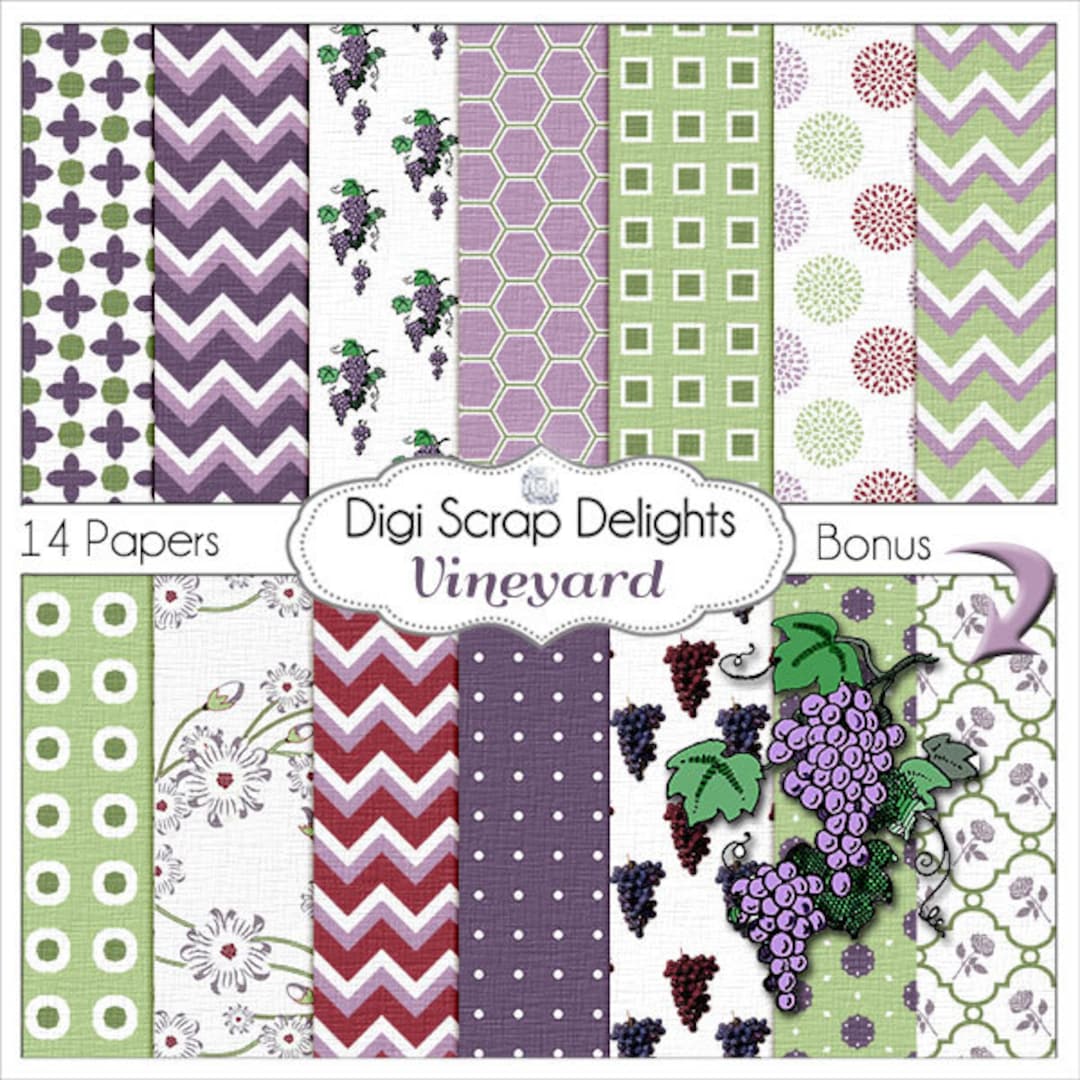 SALE 1.75 Grape Vineyard Digital Papers in Purples, Green, and Maroon W ...