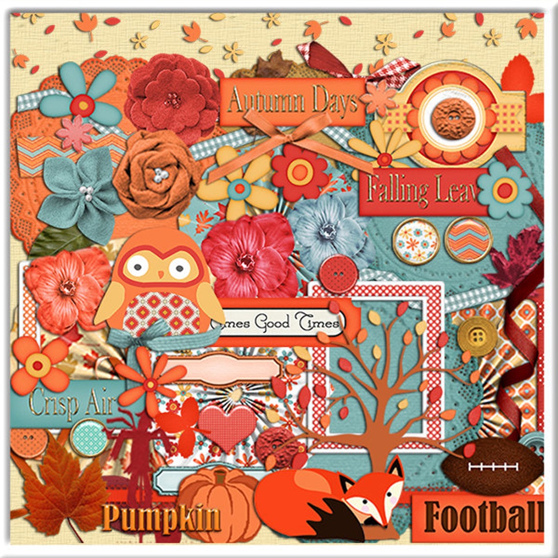 Autumn Days Digital Scrapbook Kit in Orange Red Blue Red - Etsy