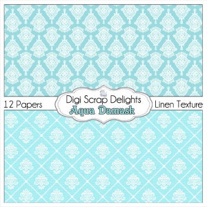 Damask Digital Papers in Aqua for Photo Backdrops, Paper Crafts, and ...