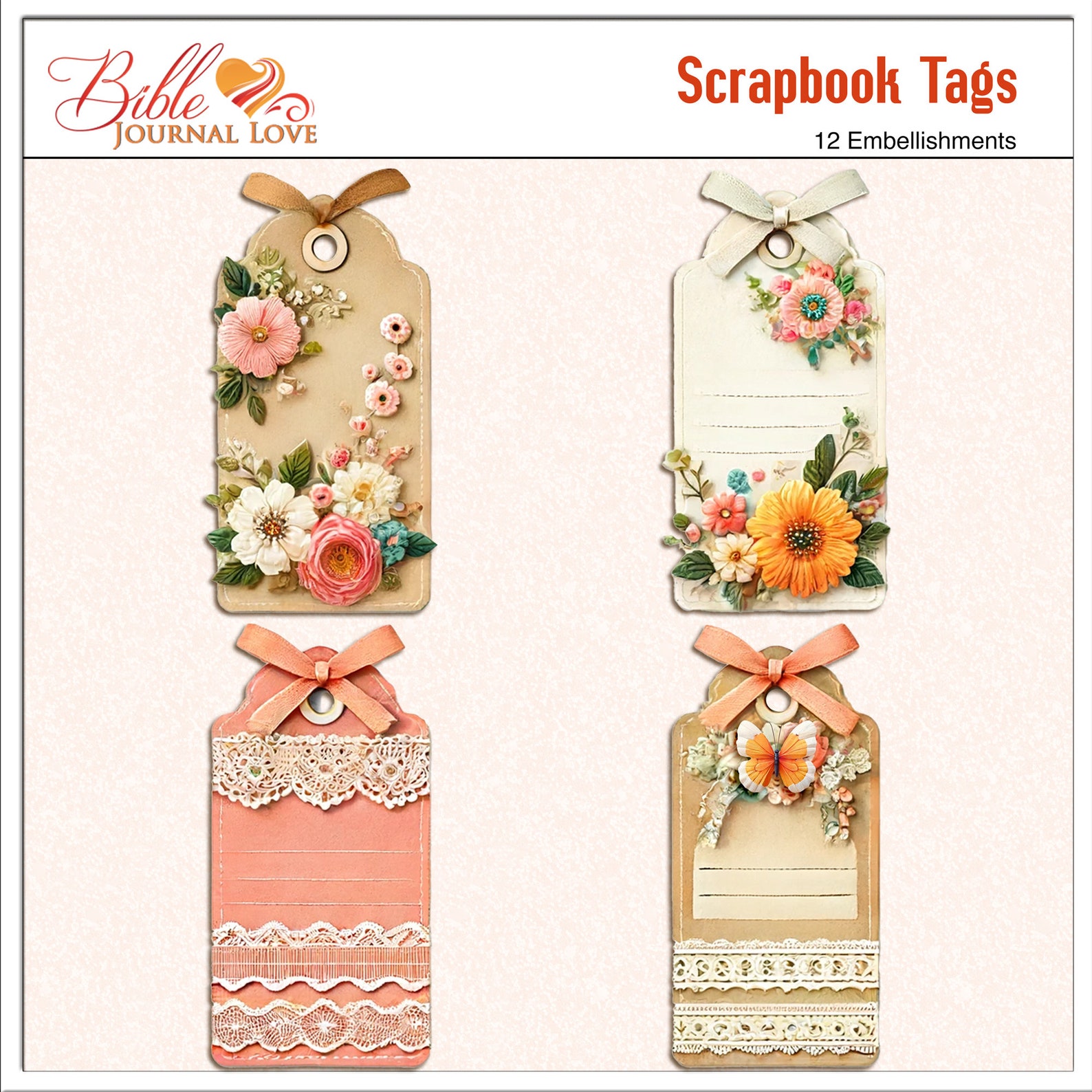Layered Tags With Lace and Flowers. Digital Mixed Media Scrapbook ...
