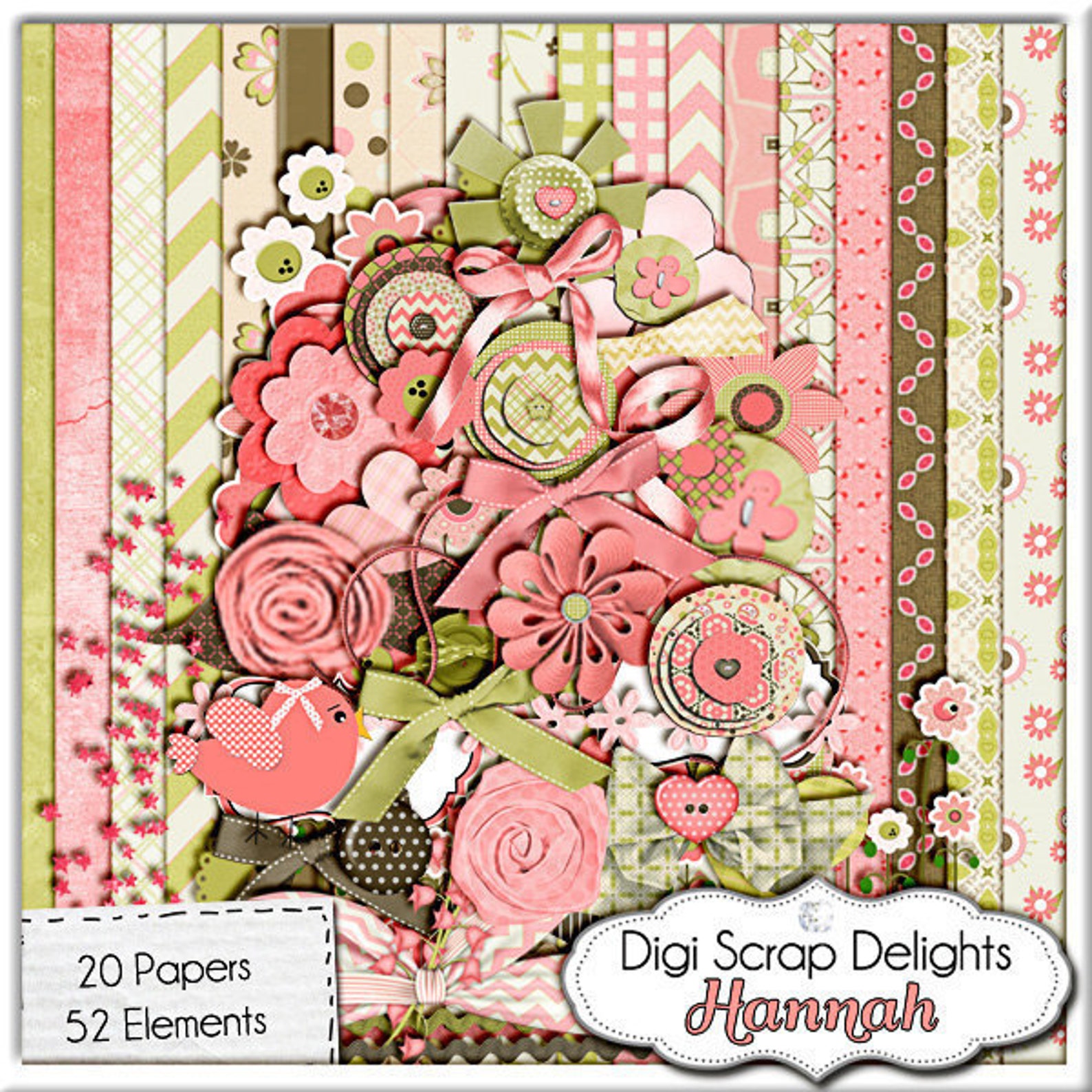 Hannah Mega Digital Scrapbook Kit (coral Pink, Green, Brown), Instant ...