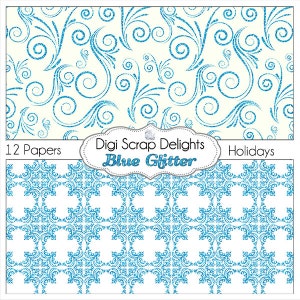 Blue Glitter Digital Scrapbook Papers in Blue, Instant Download for ...
