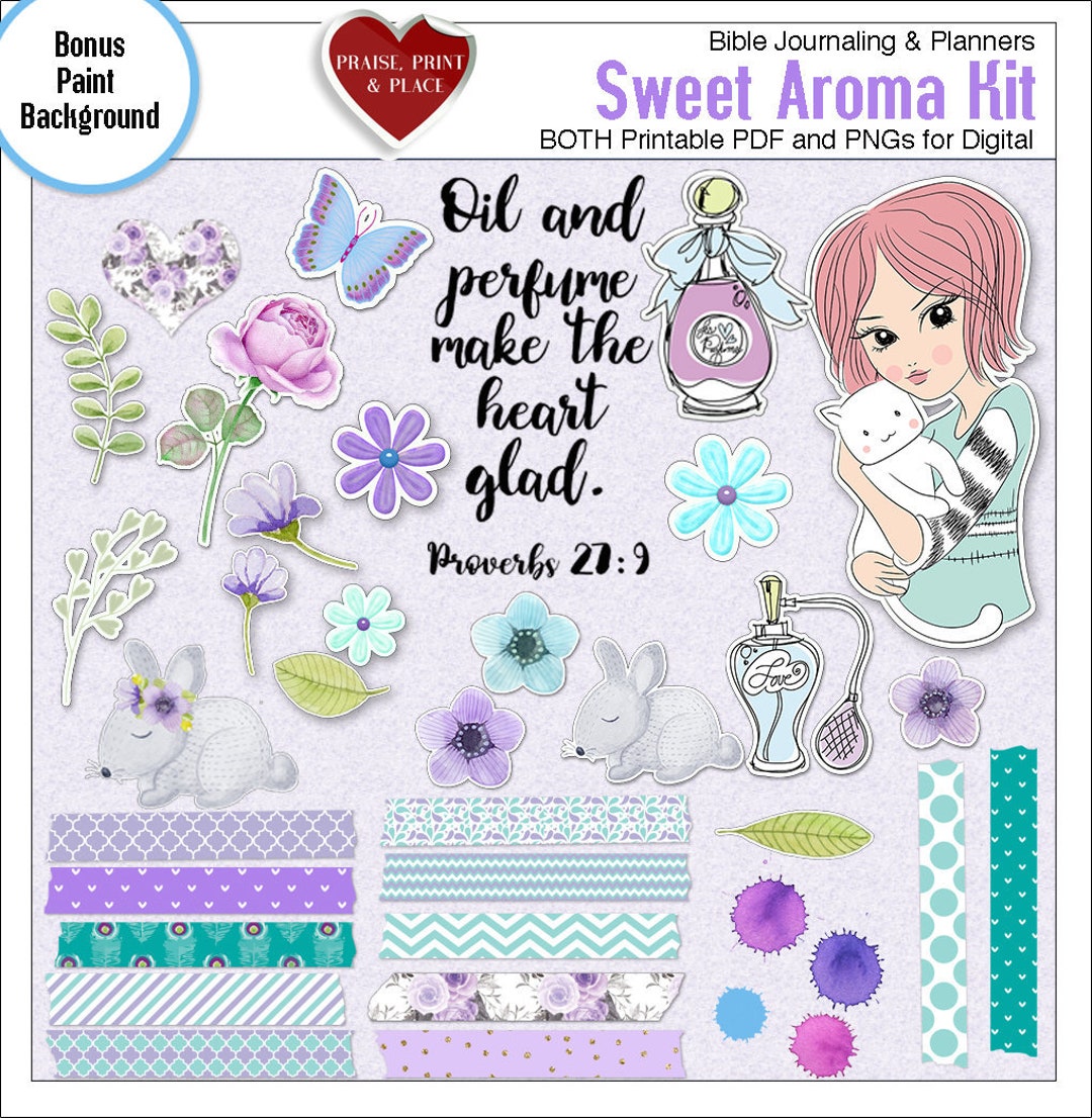 Sweet Aroma Bible Journal Kit: Girl, Cat, Flowers (printable PDF & PNG ...