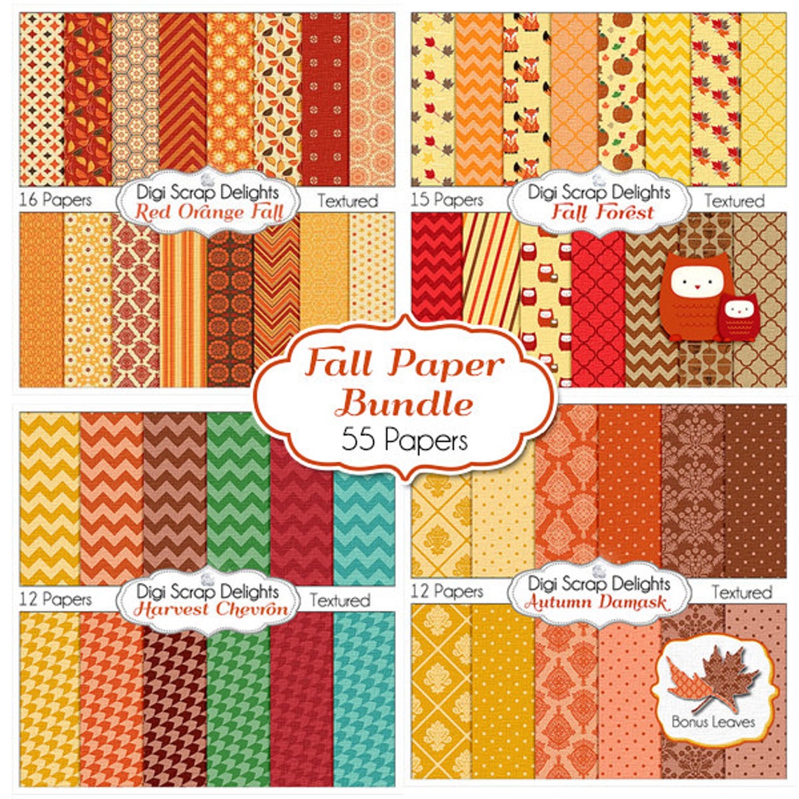 SAVE 60 Percent Fall Digital Papers Bundle w Leaf & Owls Clip | Etsy