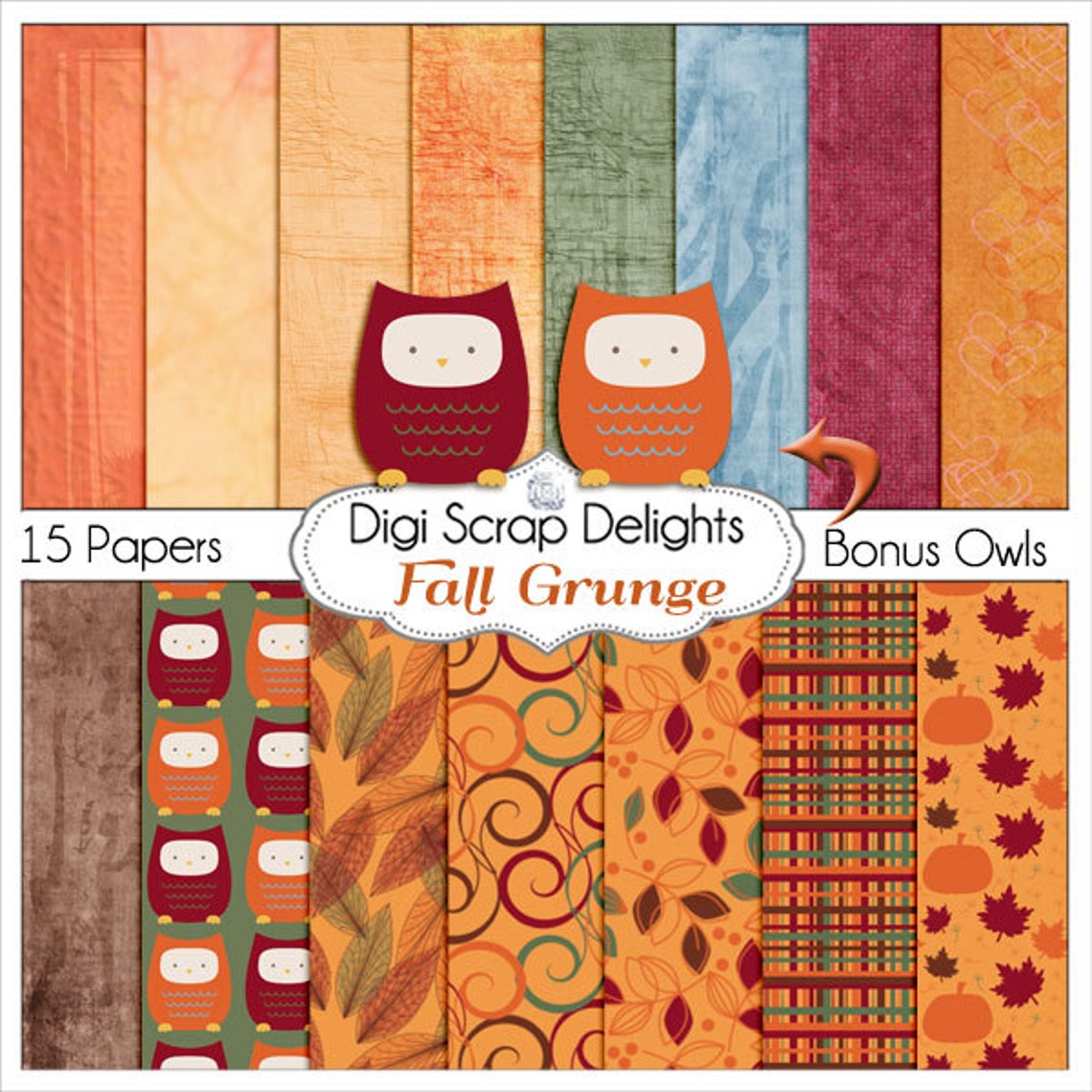 Fall Grunge Digital Papers With Autumn Owl & Pumpkins for Card - Etsy