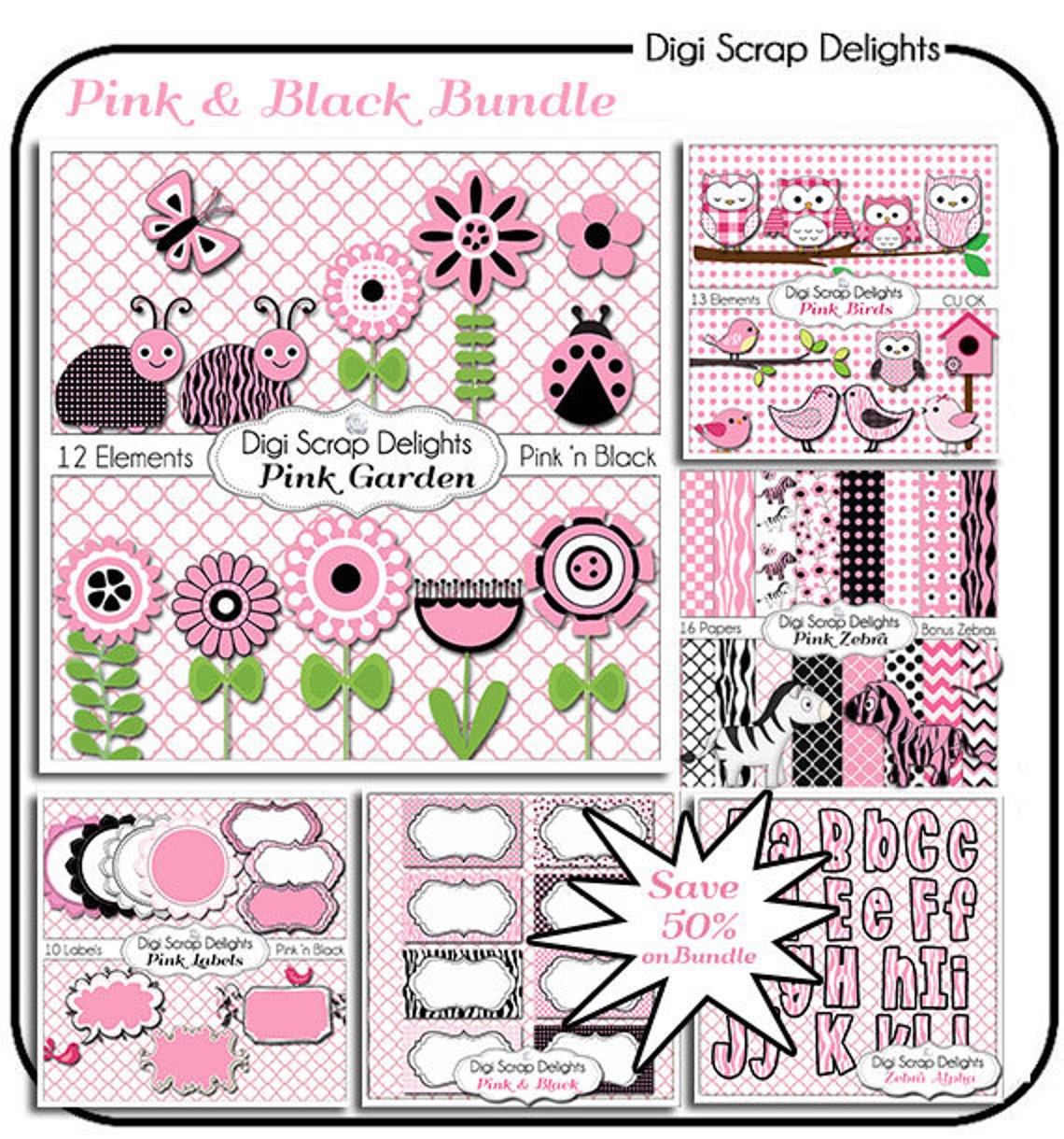 Pink and Black Labels 1 Clip Art for W Zebra Stripes & Polka - Etsy