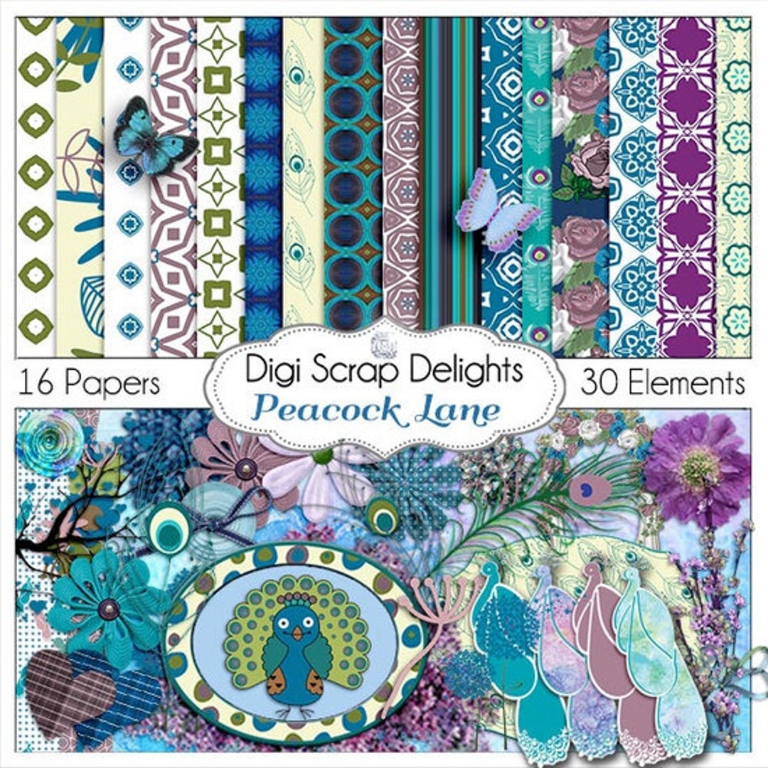 Peacock Digital Scrapbook Kit Radiant Orchid, Turquoise, Aqua Blue ...