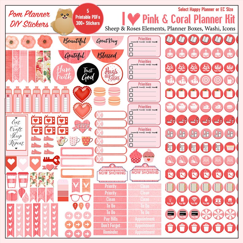 Planner Kit Printable Stickers Kit in Pink & Coral Roses - Etsy
