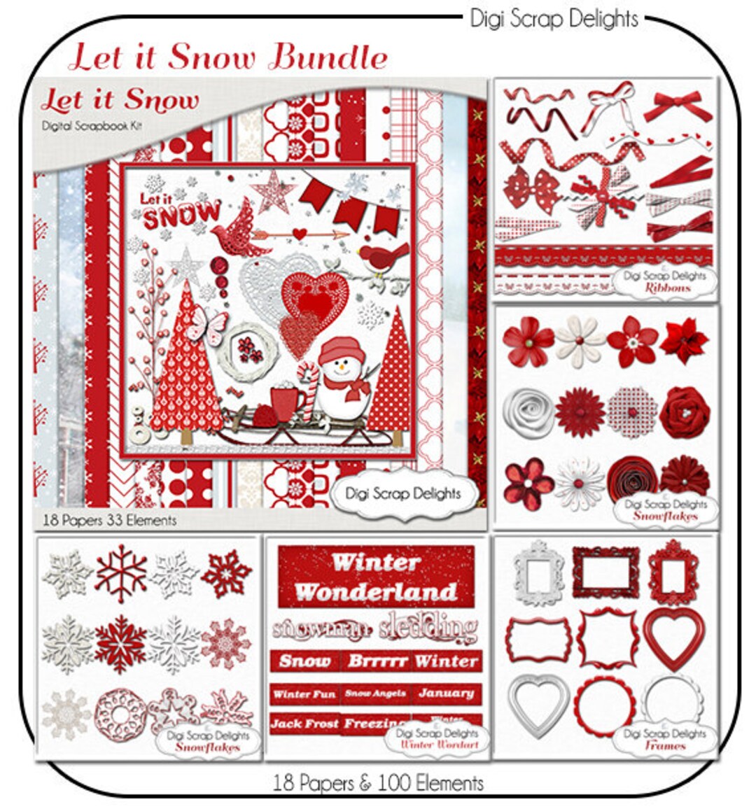 Winter Digital Scrapbook Kit , Snow Scrapbook MEGA Bundle, Red, White ...