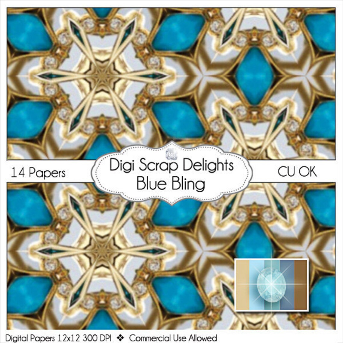 SALE 1.75 Blue Bling Scrapbook Paper in Aquamarine Blue & Gold - Etsy