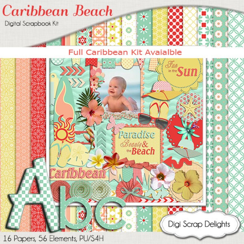 Caribbean Digital Scrapbook Paper in Tropical Red, Coral, Sand and ...
